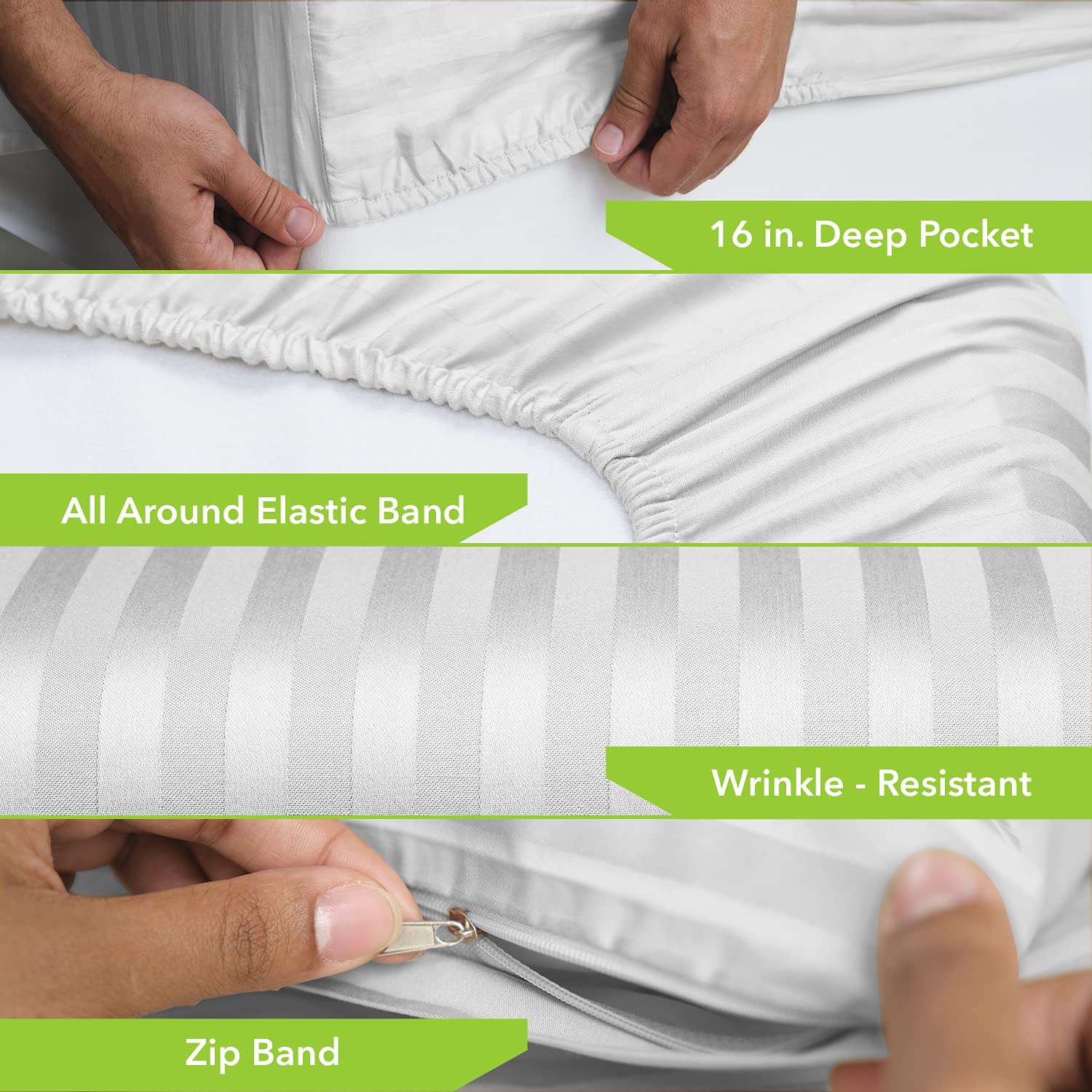 100% Cotton Bed Sheets - 4 Piece Bedding Sheets & Pillowcases - 500 Thread Count Sateen Weave Damask Striped Sheet Set with Deep Pocket up to 16 inch Mattress