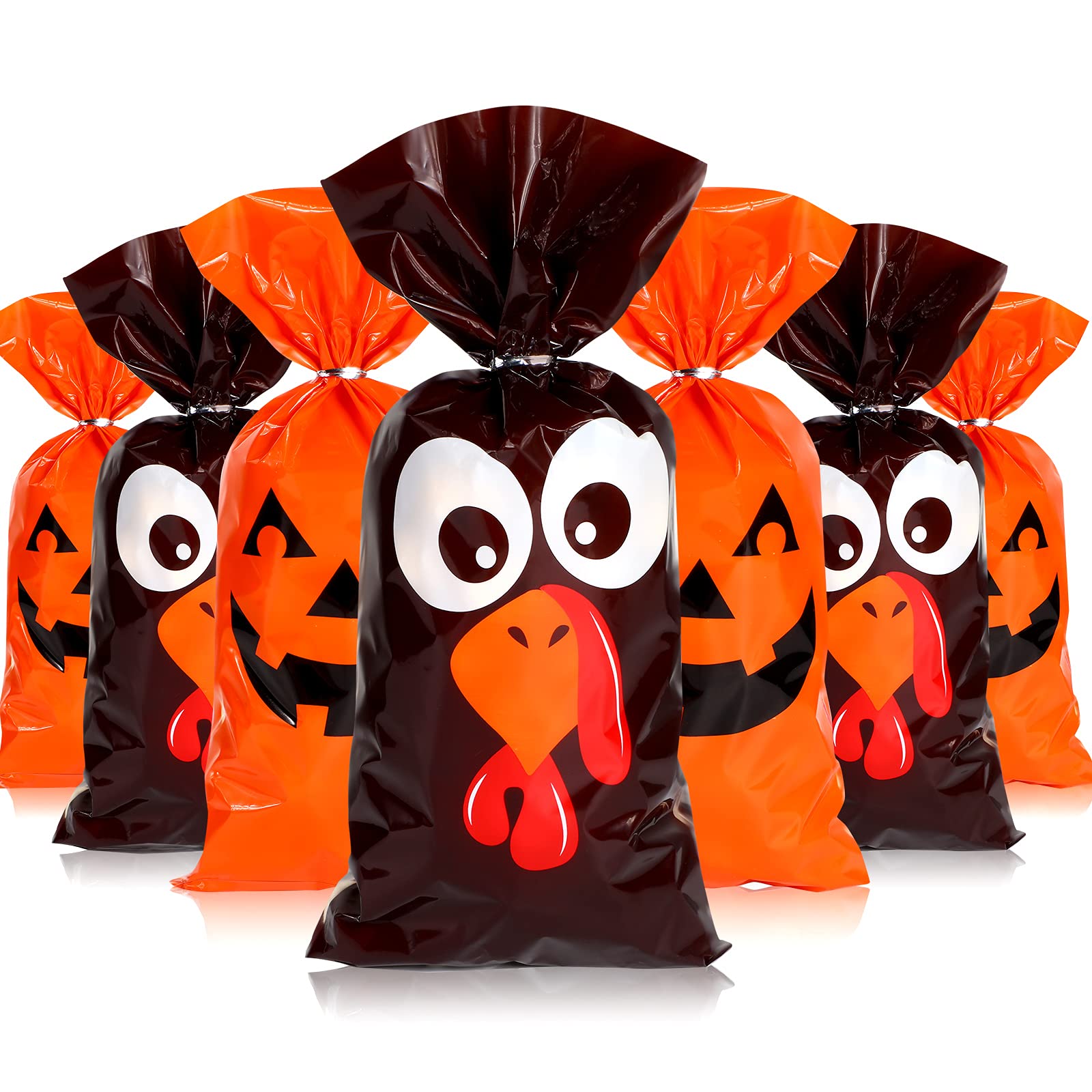 100 Pcs Thanksgiving Treat Bags 10.8'' x 5'' Pumpkin Turkey Candy Bags Fall Funny Face Cellophane Goodies Bags with 100 Twist Ties for Halloween Trick or Treat Fall Thanksgiving Party Supplies
