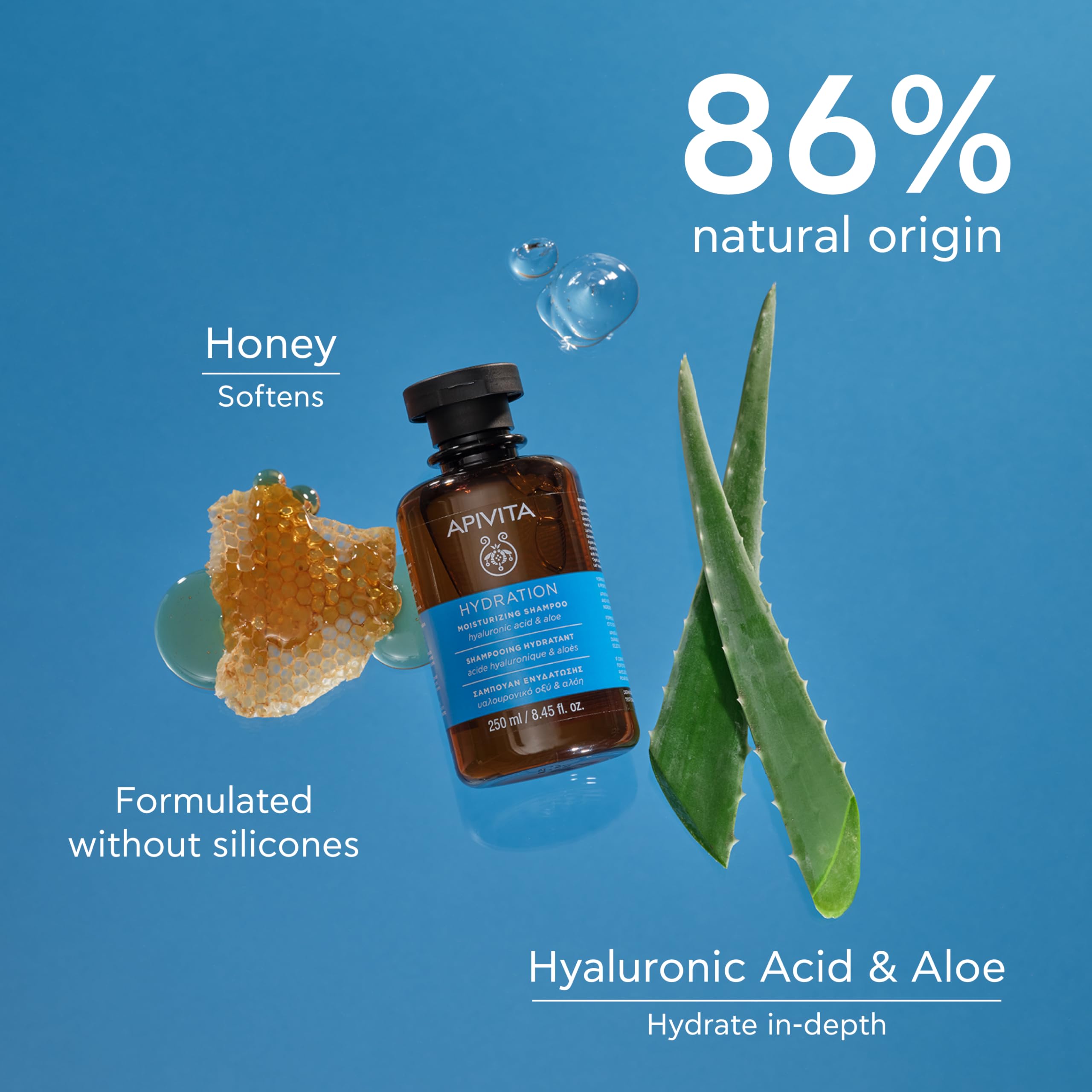 Apivita Hydration Shampoo - Natural moisturizing shampoo with hyaluronic acid, aloe and honey - Offers deep hair hydration, frizz control, hair breakage and split ends prevention