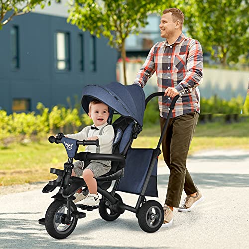 BABY JOY Toddler Tricycle, 7 in 1 Folding Steer Trike w/Rotatable Seat, Adjustable Canopy, Push Handle, Guardrail, Safety Harness, Brakes, Cup Holder & Storage, Tricycle for Toddlers Ages 1.5-5 (Blue)