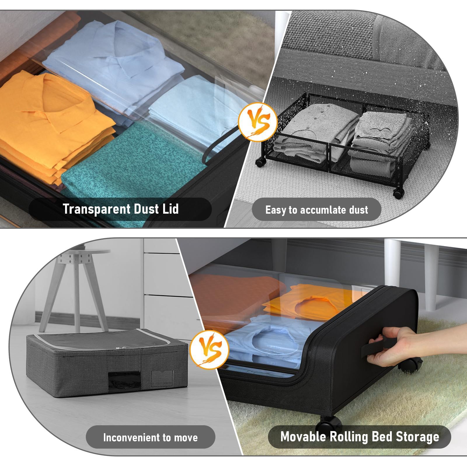 2 Pack UnderBed Storage with Wheels - Large Under Bed Storage with Clear Lid, Underbed Rolling Storage Containers for Shoes, Clothes, Blankets, Books, Toys (Black-A)