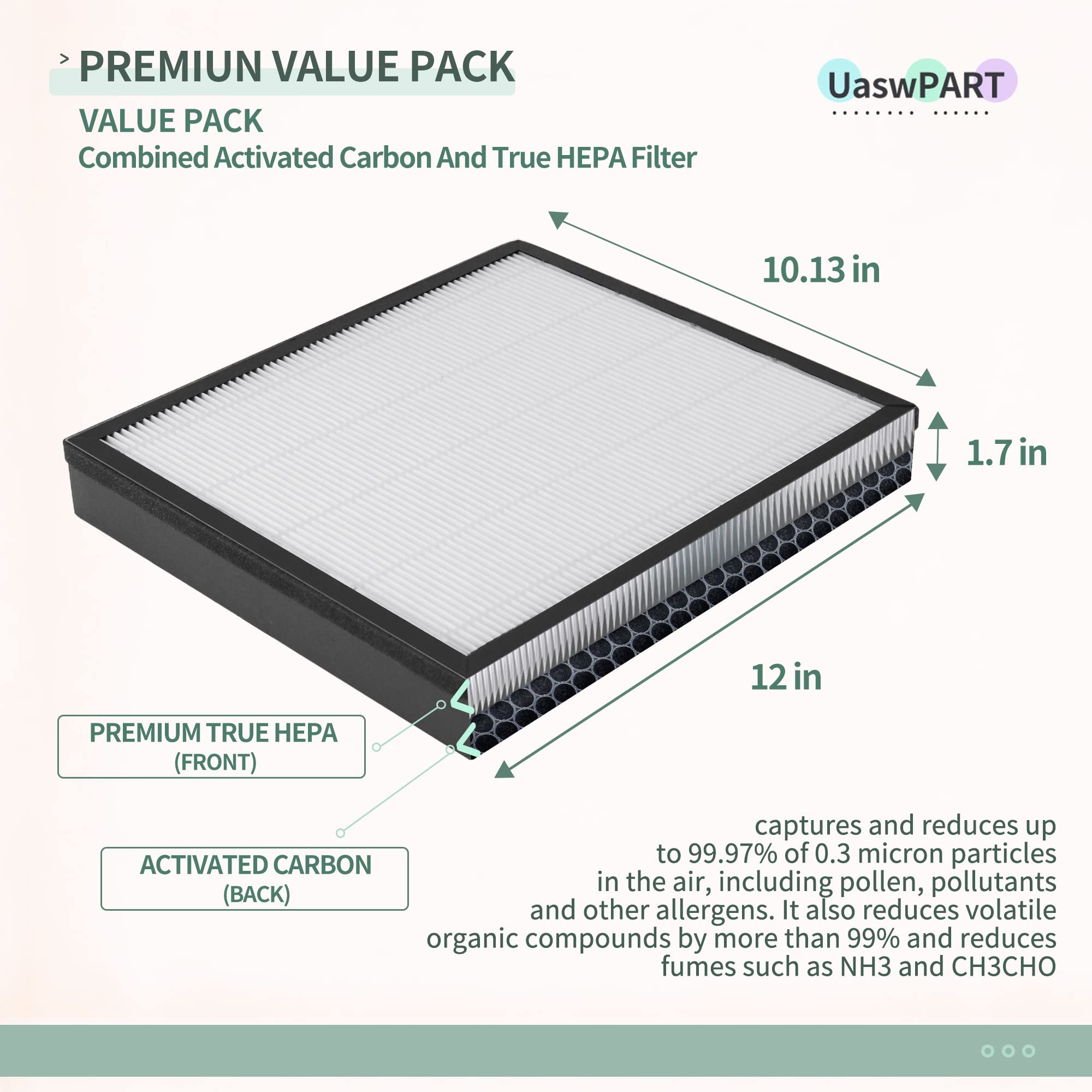300 300S Replacement Filter Compatible with 300/300s Air Pu-rifier Filter Replacement (for 1256 sq.ft), Compare to 3111635, 2-Pack White H13 True HEPA & Activated Carbon