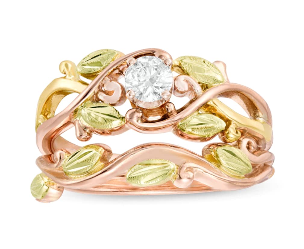 10k Rose and Yellow Gold, Foliage Diamond Engagement and Wedding Ring Set, 12k Green Black Hills Gold Size 9