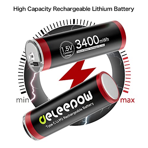 Deleepow USB Rechargeable AA Batteries 4 Pack, USB C Rechargeable Double A Lithium Batteries, 3400mWh 1.5V with 2-in-1 Charging Cable, 1 Hour Fast Charging AA Rechargeable Battery