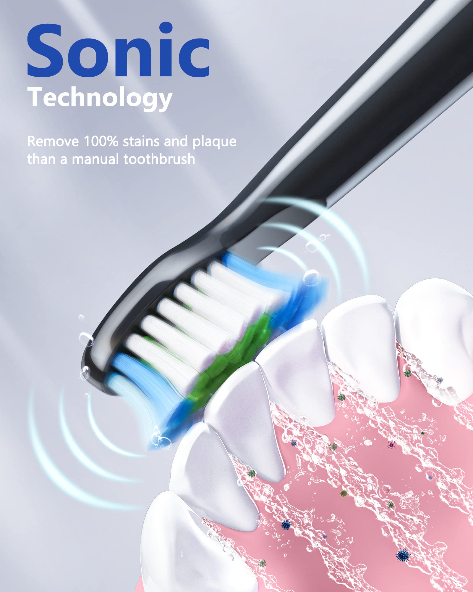 Dnsly Ultrasonic Electric Toothbrush for Adults, Battery Electric Toothbrushes, 8 Sonic Toothbrush Heads, 5 Modes with Smart Timer, 2 Hours Charge for 30 Days Use
