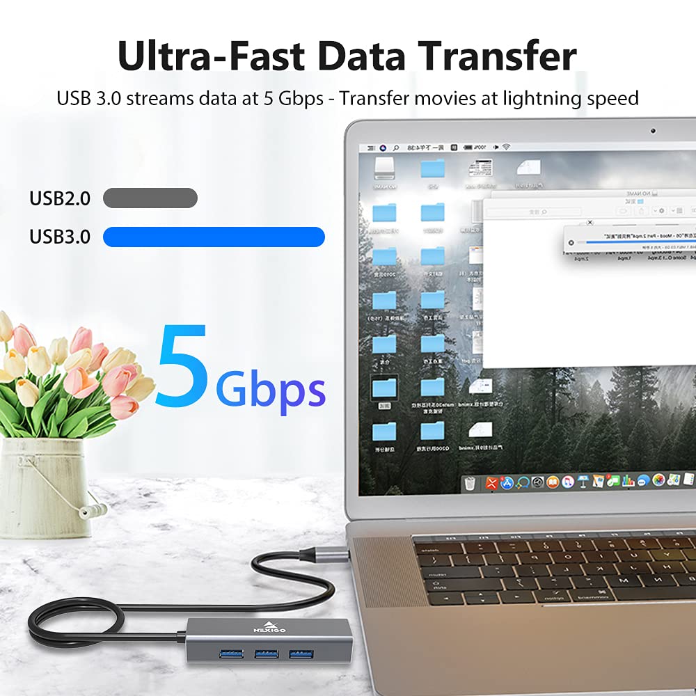 NexiGo 4-Port USB 3.0 Hub, Aluminum Portable USB Hub, 2 Ft Cable, [5Gbps High Speed, 4.5W Charging Supported] for MacBook, Mac Pro/Mini, iMac, Surface Pro, Laptop, USB Flash Drives, Hard Drives