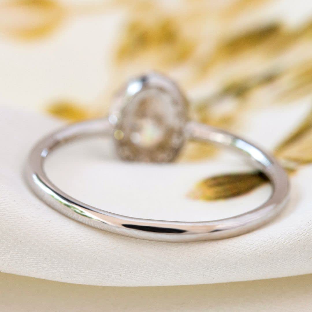 10K White Gold Oval Moissanite and Round Natural Diamond Solitaire Halo Delicate Engagement Ring Size 5US (5/8 CTW, I-J, SI)