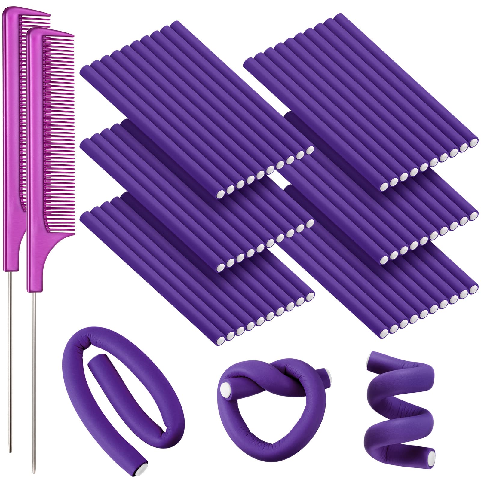 60 Flexible Curling Rods Set for Women & Girls - No Heat Hair Rollers for Long and Short Hair (Purple, 0.3 x 7 Inch)