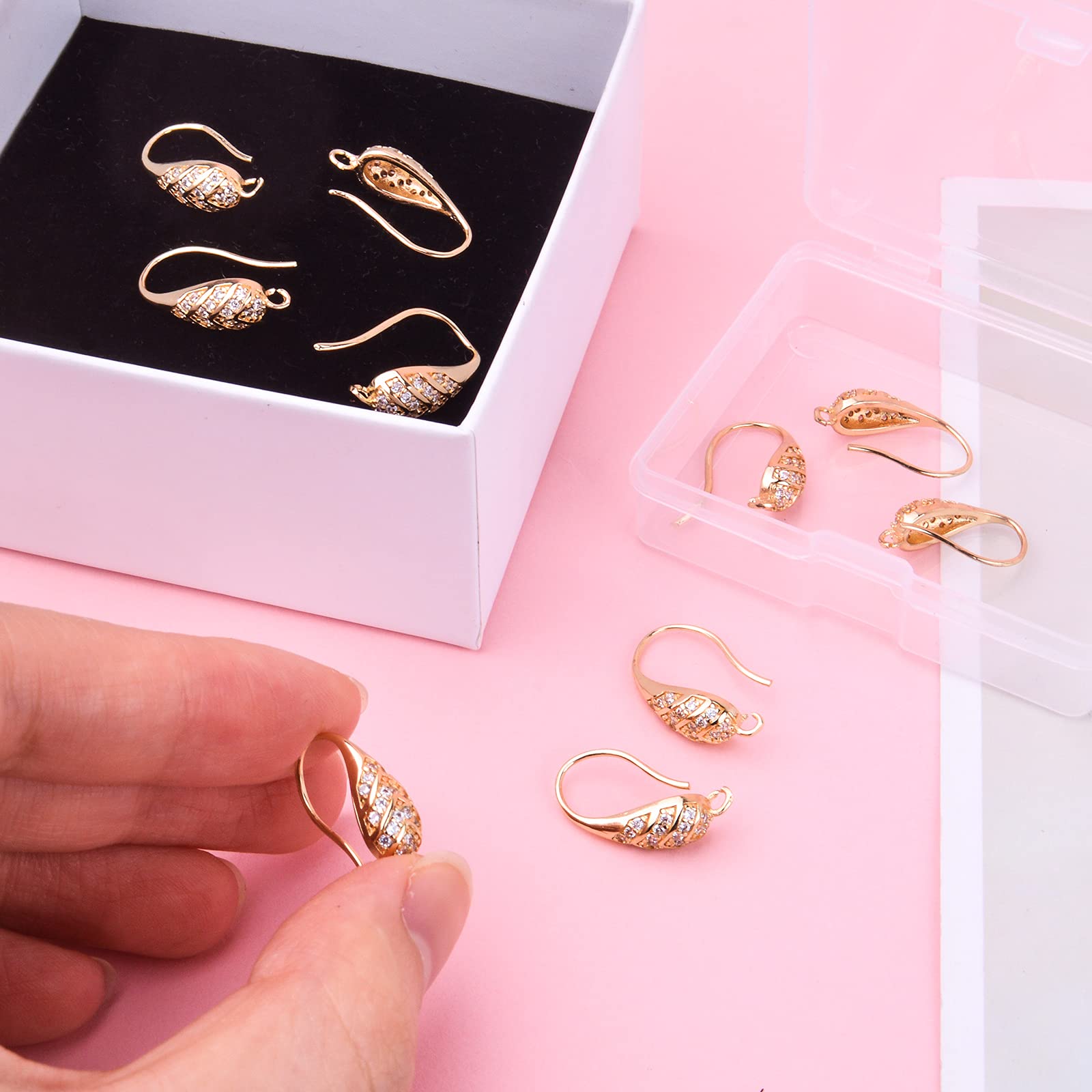 10pcs 14K Gold Cubic Zirconia Earring Hooks Brass French Fish Hooks Ear Wires with Loop Hole Dangle Earrings Connectors with a Plastic Box for Girls Women DIY Jewelry Making