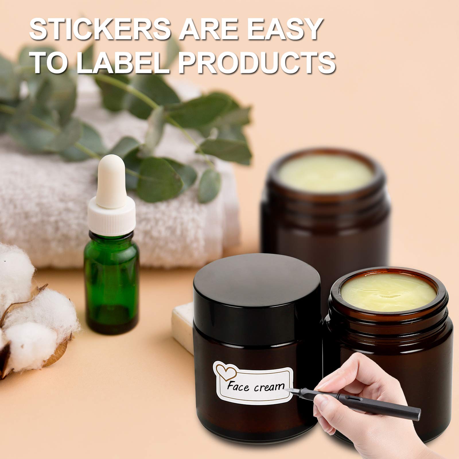 24 Pack 2oz Amber Glass Jars with Black Lids, Round Empty Containers for Scrubs, Lotions, Cosmetic, and Ointments, Travel Storage Jar with White Inner Liners, lables and Spatulas