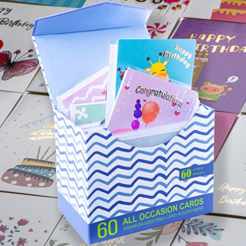 60 All Occasion Greeting Cards - Large 5”x7”, All Rose Gold Foil Unique Design Assorted Cards, Happy Birthday Card, Thank You Cards, Message Inside, Magnetic Bulk Box Set Variety Pack w/Thick Envelope