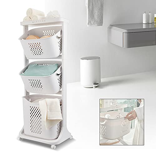3 Tier Washing Hamper Dirty Clothes Storage Bin Multi Layer Rolling Laundry Cart PP Storage Hamper Freestanding Clothes Hamper Organizer with Portable Handle for Bathroom Living Room Bedroom Kitchen