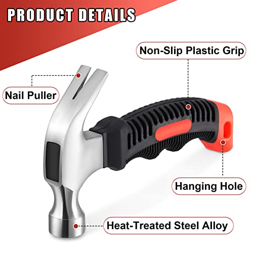 8 Pieces Small Hammer 12 Ounce Mini Hammer for Kids Women Men, Lightweight Melt Claw Hammers Bulk with Hardware Nails for Hanging Pictures Crafts Tent Kit (Orange and Black)