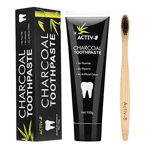 Activ-8 Activated Charcoal Toothpaste (100g) and Bamboo Toothbrush, Removes smoke and coffee stains, Vegan, Fluoride Free, Mint Flavour