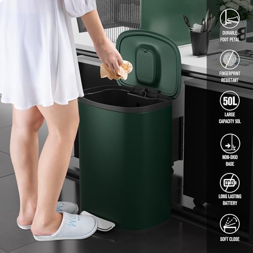 13 Gallon Stainless Steel Foot Pedal Large Trash Can with Soft Close Quiet Curved Surface Top Lid and Deodorant Storage Space, with 30 Garbage Bags for Kitchen/Home/Office Trash can and More - Green