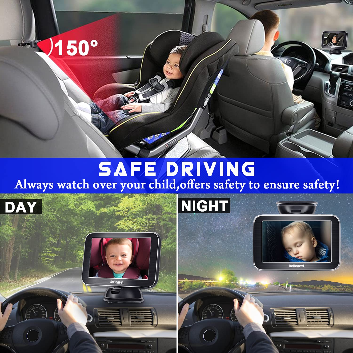 DoHonest Baby Car Mirror HD 1080P 5'' Monitor Infrared Night Vision Back Seat Infant Camera Rear Facing Carseat Wide View S04