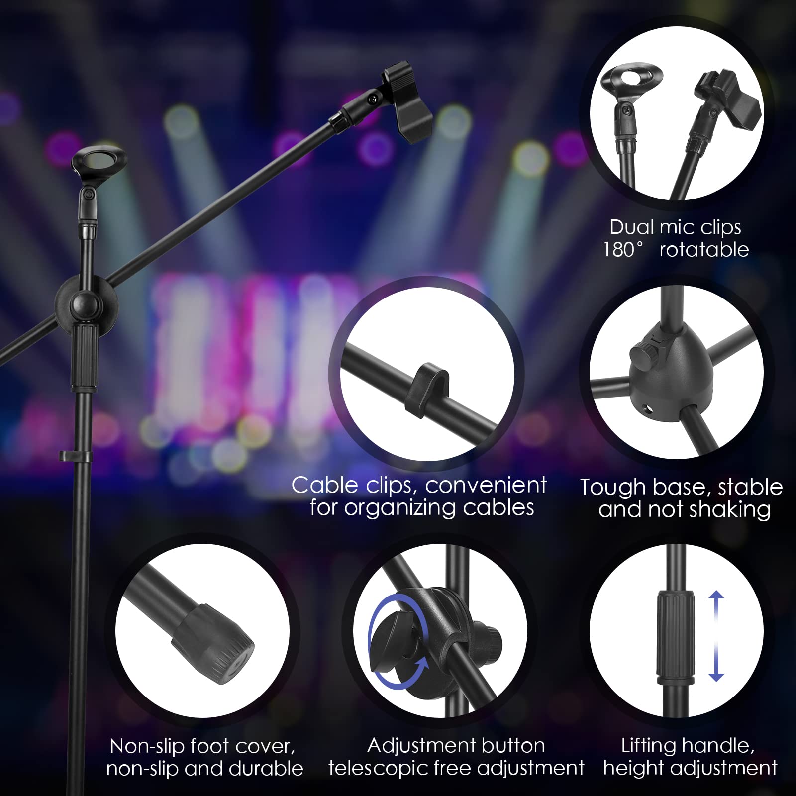 12 Pcs Microphone Stand Boom Bulk, Adjustable Height Tripod Mic Stand with Dual Mic Clip, Black Foldable Universal Heavy Duty Mic Tripod Holder for Live Stream Singing Stage