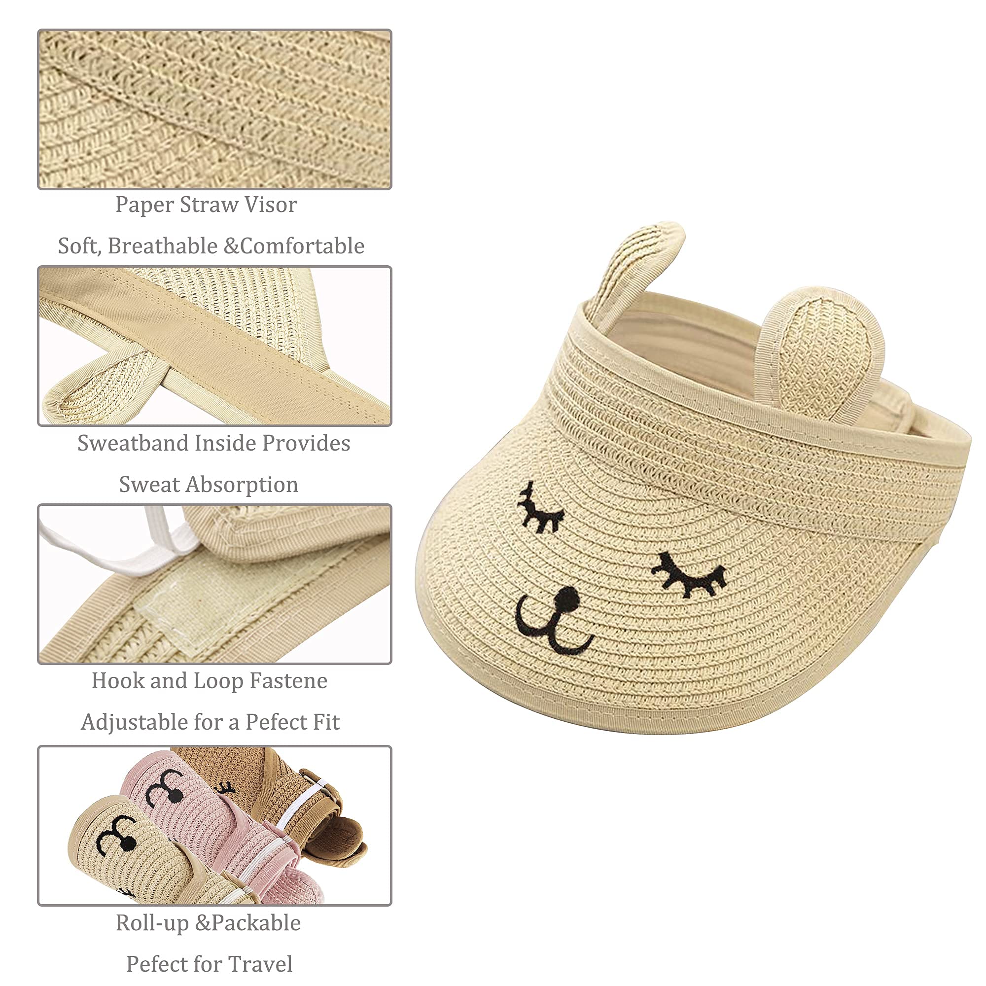 Baby Roll-up Straw Visor Hat Sun Hat, Kid Toddler Wide Brim Cute Bunny Ponytail Summer Beach Sun Hat Adjustable for 1-4 Years (Beige)