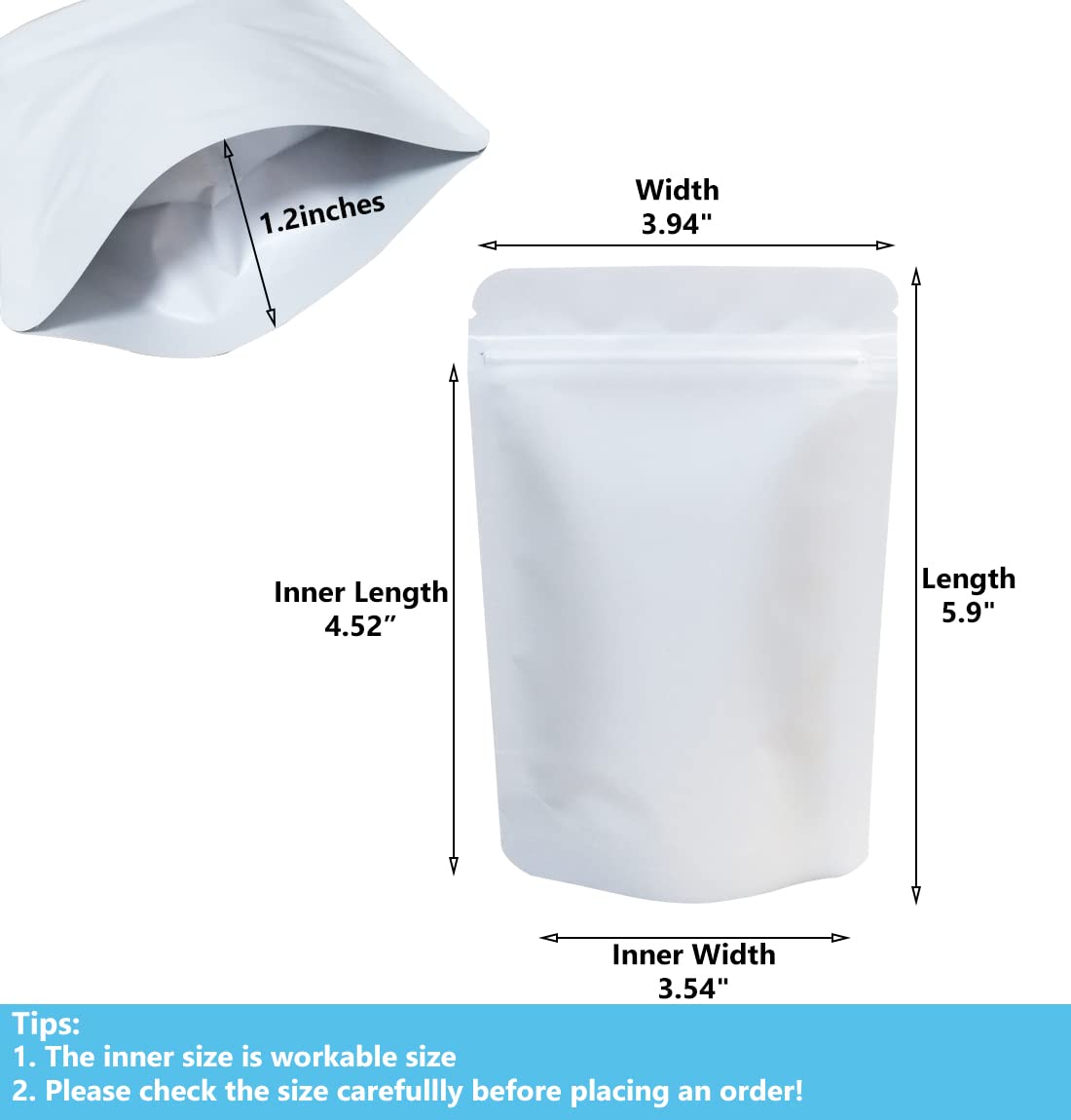 100 Pack Matte White Mylar Bags Stand Up - 4 x 6 Inches Resealable Mylar Ziplock Bags Food Storage Foil Pouch