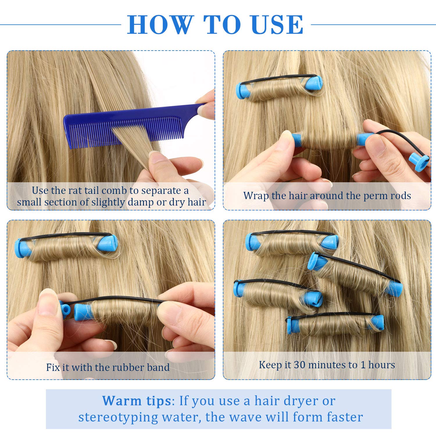 48 Pieces Hair Perm Rods Short Cold Wave Rods Plastic Perming Irons Hair Curling Rollers Curlers with Steel Pintail Comb Rat Tail Comb for Hairdressing Styling Supplies(0.35 Inch,Blue and Dark Blue)