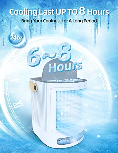3-IN-1 Portable Air Cooler, USB Powered Desktop Cooling Fan, 3 Levels Spray Humidify & 3 Speeds Personal Air Conditioner Fan w/8 Night Light Modes, Evaporative Air Cooler for Small Room/Office/Camping