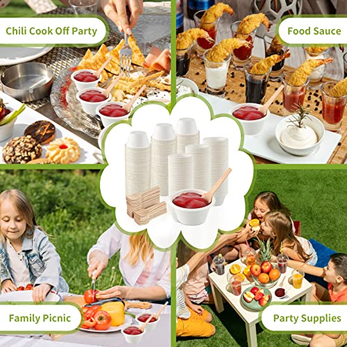 100 Set 2 oz Portion Cups Paper Souffle Portion Cups with Wooden Spoons Disposable Chili Cook Off Sample Cups for Party Supplies (100)