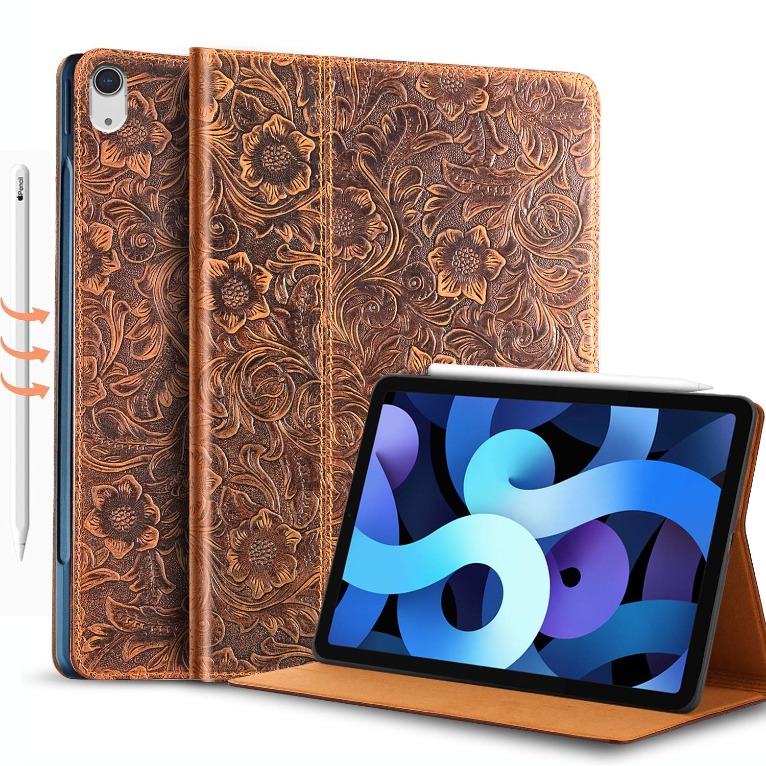 Gexmil Leather Case for iPad Air 11 Inch M2 2024,Genuine Leather Folio Cover for iPad Air5/ Air4 10.9 inch 2022/2020 with Pencil Holder, Auto Sleep/Wake,Shockproof,Pattern-Brown