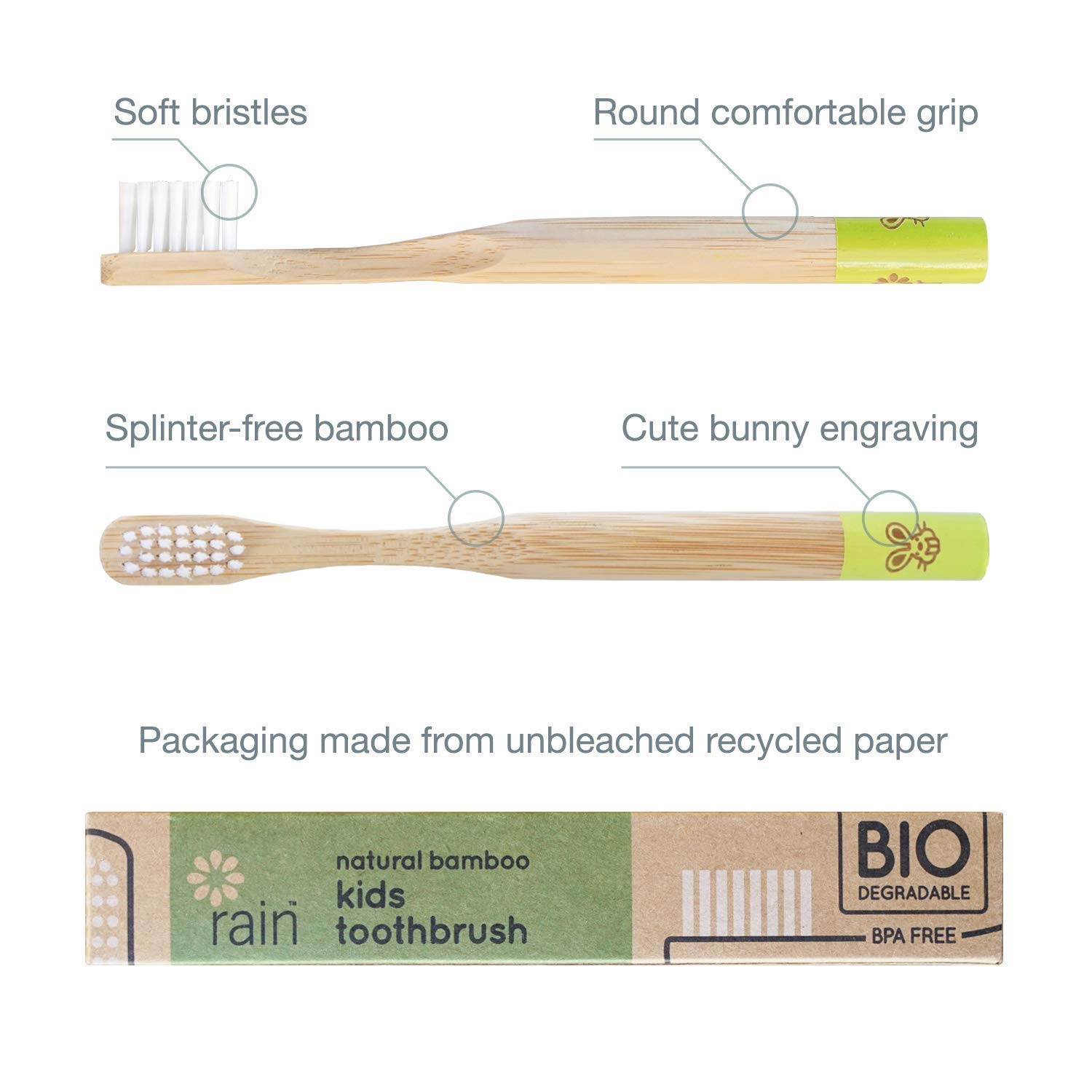 Rain Natural Bamboo Kids Toothbrush Set Fluoride-Free Baby Toothpaste Safe to Swallow with Vitamin C for 6 to 12 Months Up Infant Toddler Toothbrush BPA-Free Biodegradable (1 Toothbrush 1 Toothpaste)