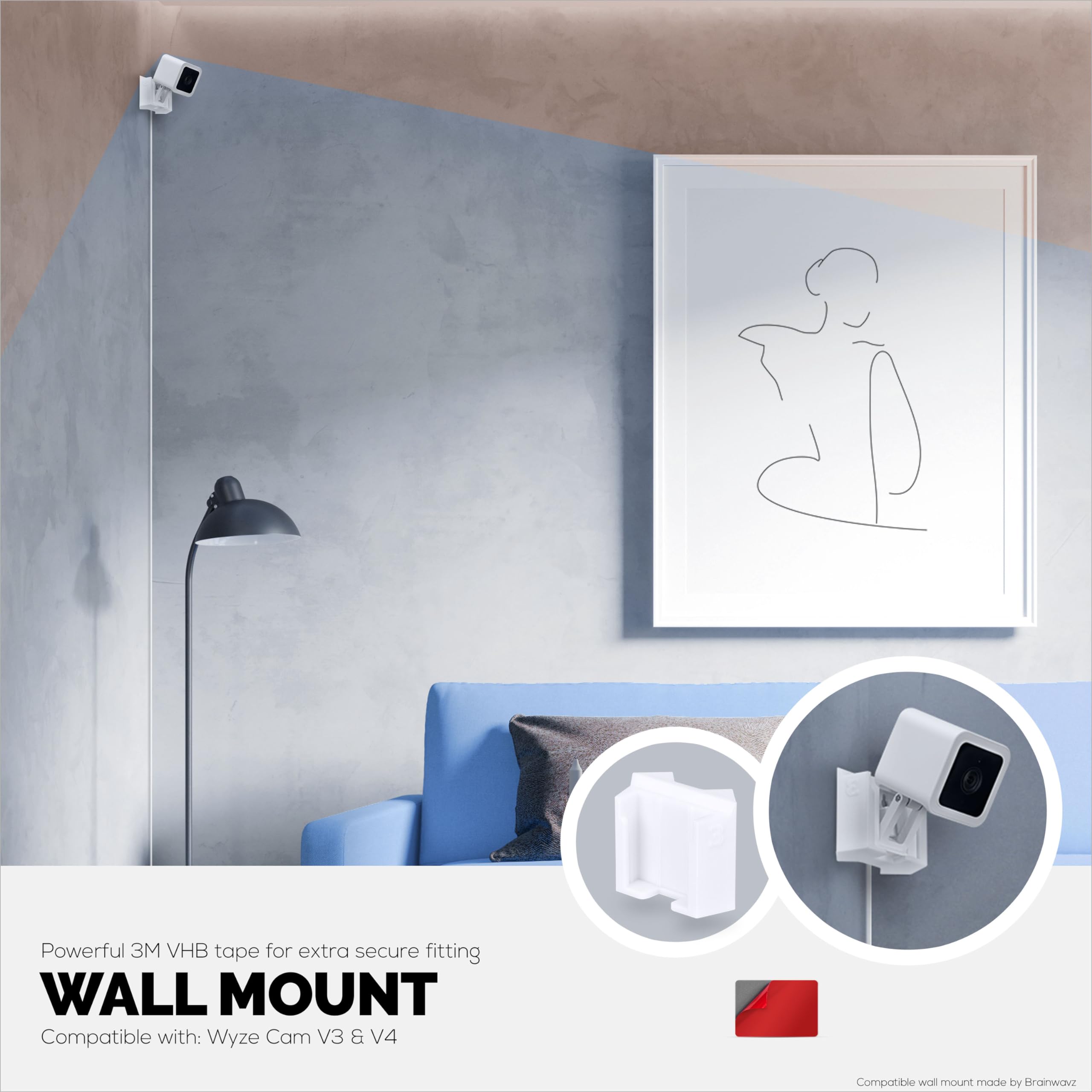 BRAINWAVZ Screwless Corner Mount for Wyze Cam v3 & v4, VHB Stick On - Easy to Install, No Tools Needed, No Mess, No Drilling, Strong Adhesive Mount, White