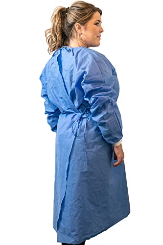 200-Pack Level 2 Disposable Isolation Gown Baluster Fully Closed Double Tie Neck and Waist, SMS 35g, Knitted Cuffs, Fluid Resistant, Blue, Unisex