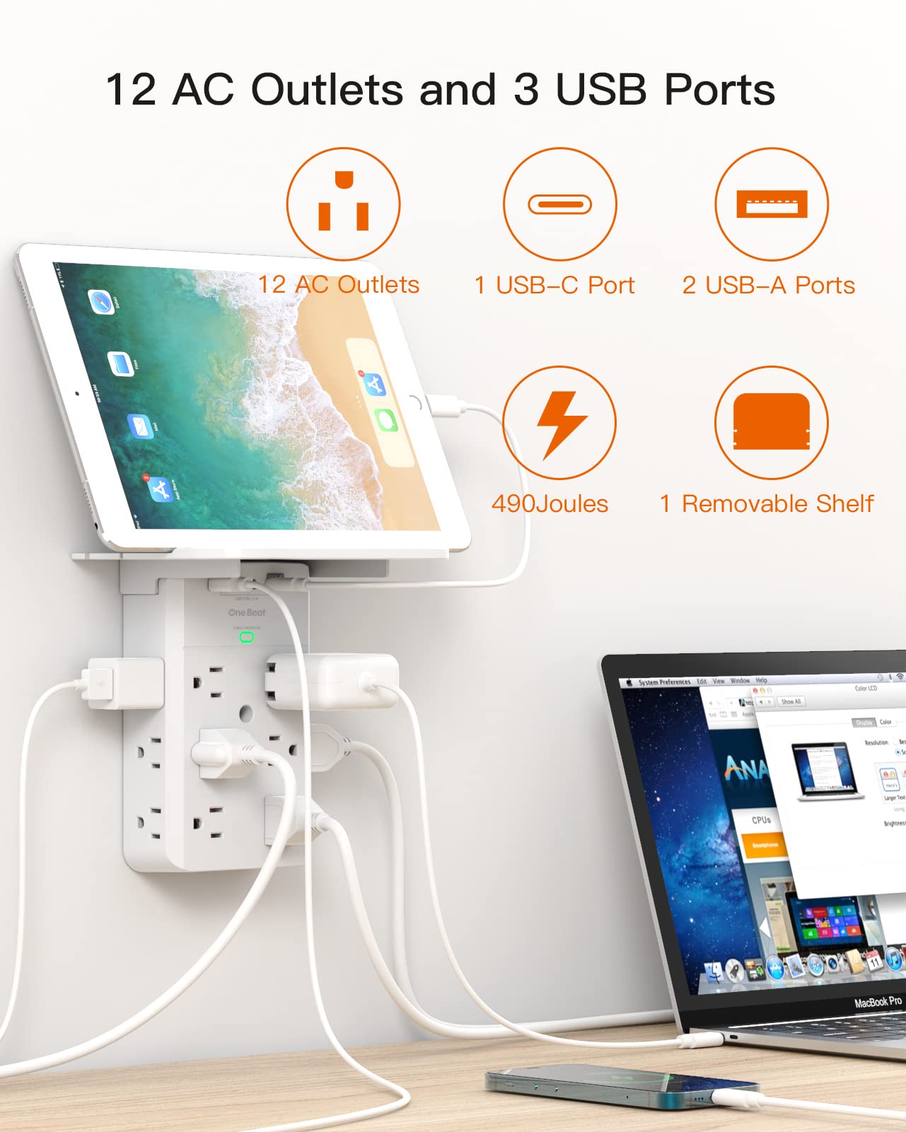 12-Plug Wall Outlet Extender with Shelf, Power Strips, Surge Protector 12 AC Outlets Multi Plug , 3 USB Ports (1 USB C Port) Expander for Home, Office, School