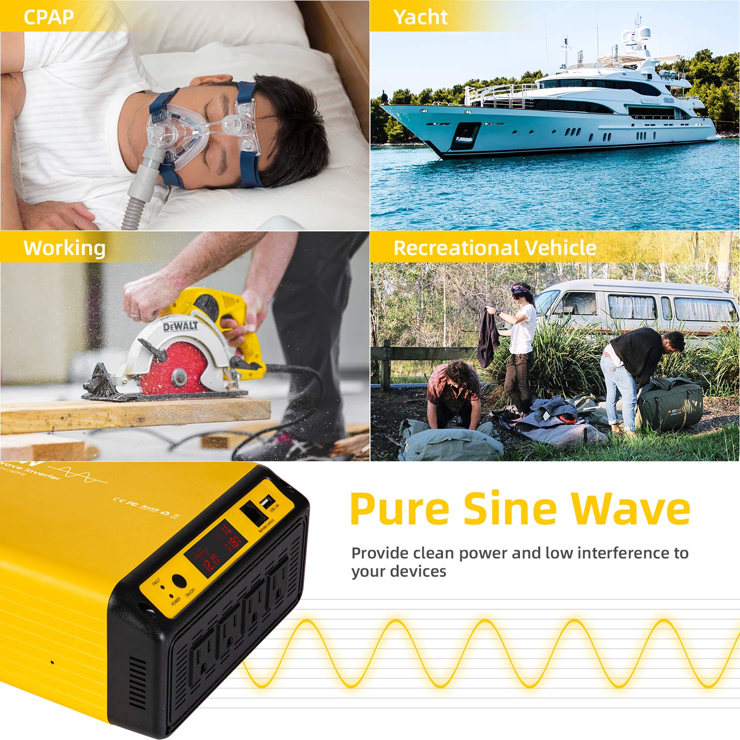1200W Pure Sine Wave Inverter Power Converter DC 12V to AC 110-120V Power Source with 15 Feet Remote Control Cable