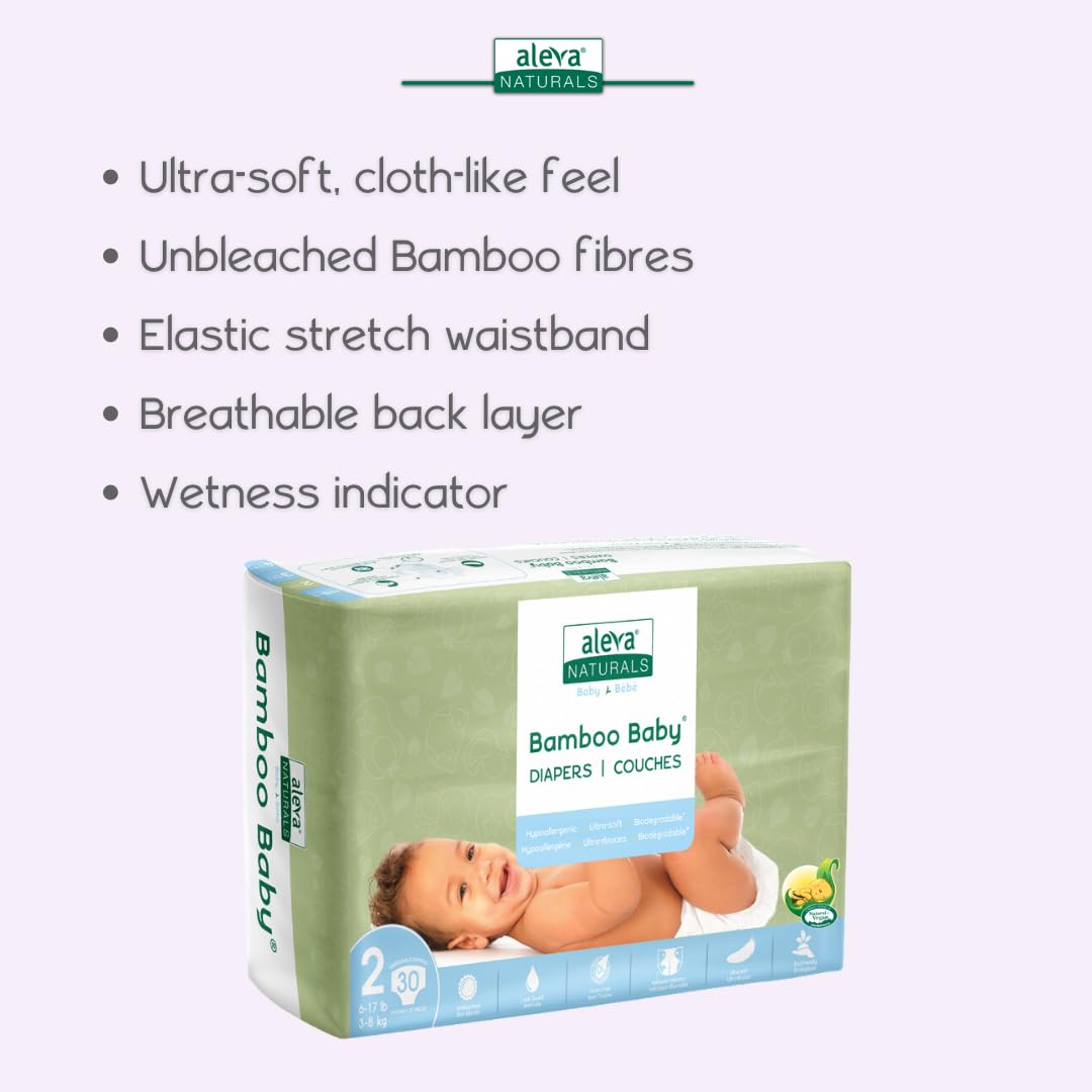 Aleva Naturals Hypoallergenic Bamboo Baby Diapers for Baby, Ultra Soft, Sensitive Skin Friendly, Biodegradable, Disposableā Size 2 (6-17 lbs/3-8 kg) | 30ct,37845