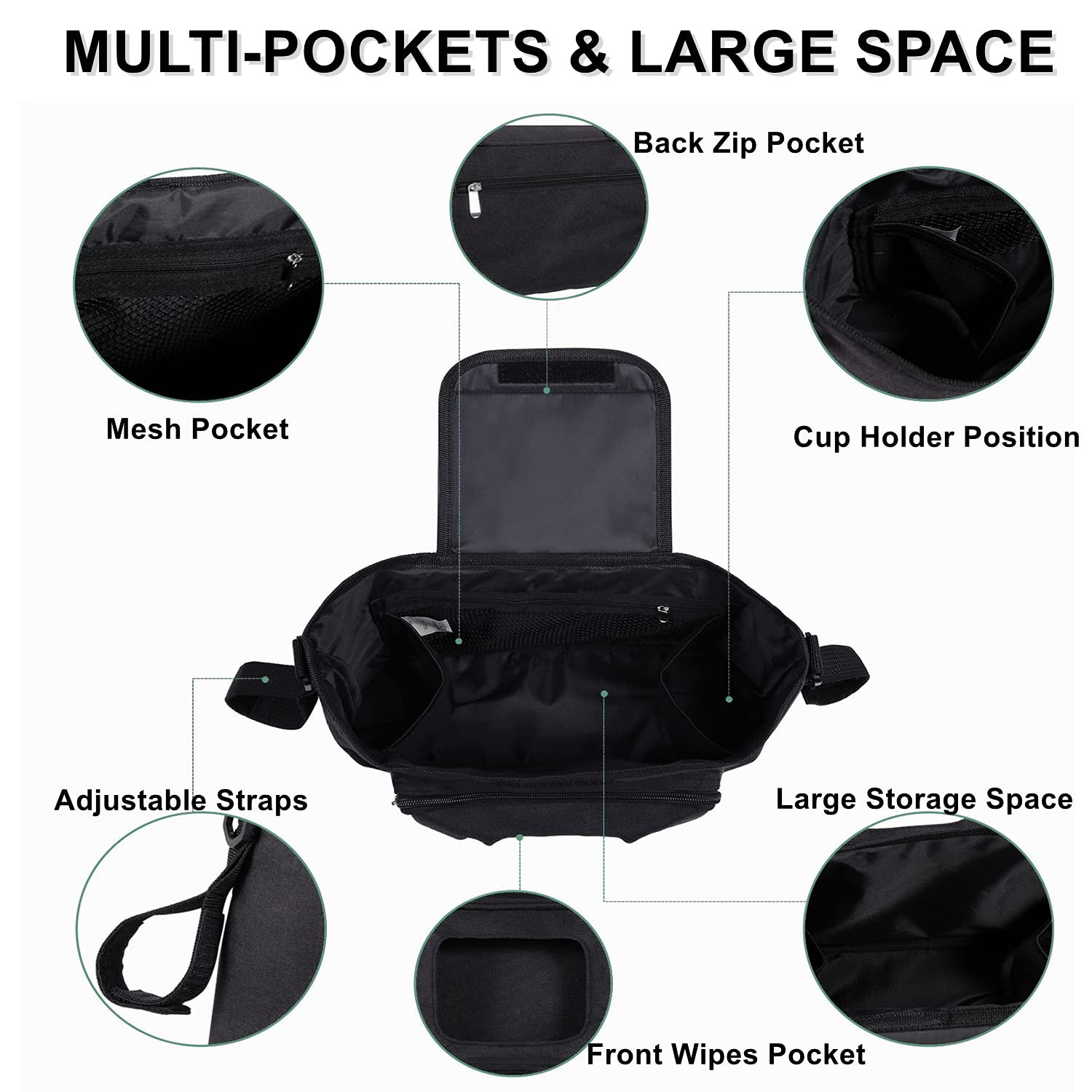 Baby Stroller Organizer - Stroller Accessories Bag Large Space with 2 Cup Holders Multiple Zipper Pockets for Bottle, Diaper, Phone, Toys - Universal Fit