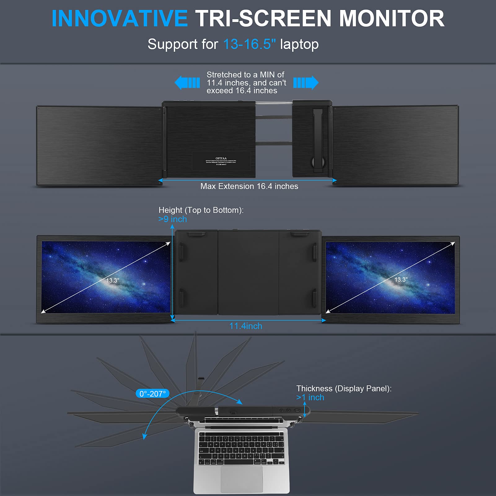 OFIYAA P2 Pro Portable Triple Monitor for Laptop, 13.3 ” Laptop Monitor Screen External Dual Screen Extender with One Cable Connect for 13”-16.5” Mac Windows Chrome Laptop/MacBook PC/PS5/Switch