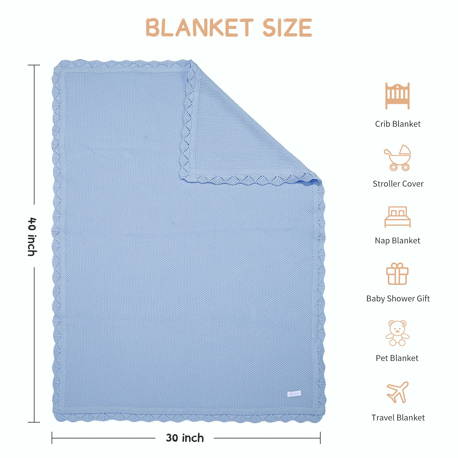 100% Cotton Baby Blanket Knit Lace Soft Warm Toddler Blanket, 30 x 40 Inches,Blue