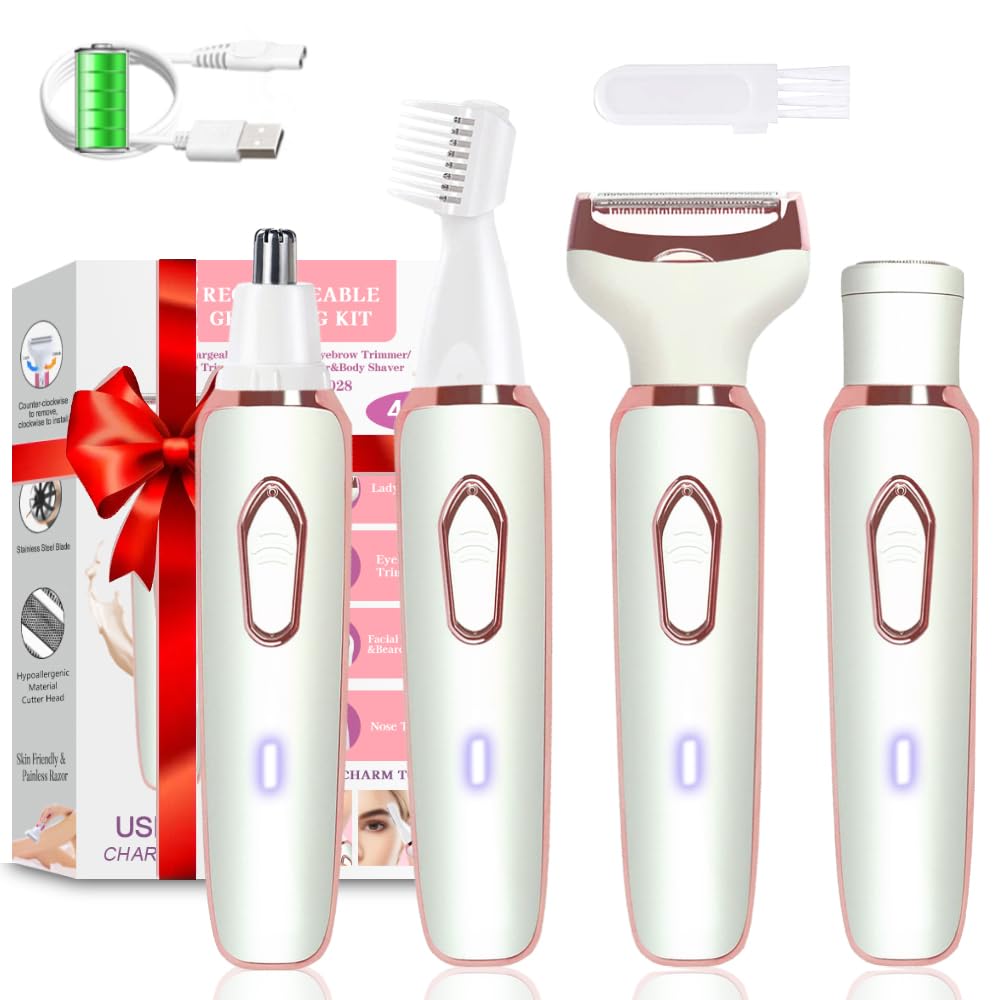 Electric Lady Shaver, Women Razors for Shaving Cordless 4-in-1 Painless Shaver for Women Face, Legs and Underarm, Portable Bikini Trimmer Wet & Dry Hair Removal, Cordless - Micro USB Rechargeable