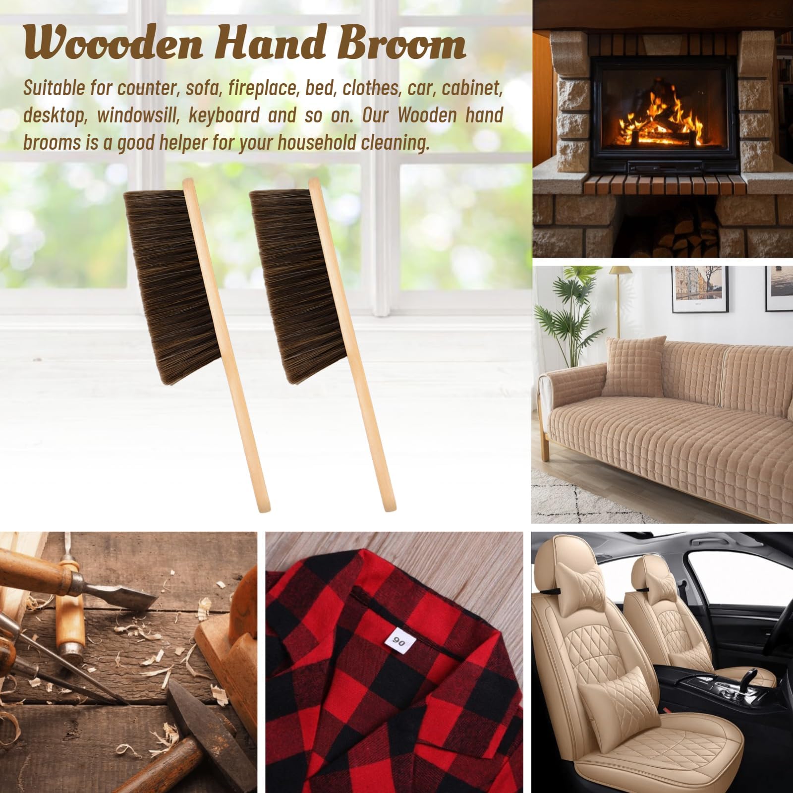 2 Pieces Woooden Dust Brush Hand Broom Bench Brush with Long Wood Handle Whisk Broom Soft Bristle Brush for Counter Bed Sofa Car Fireplace Clothes Household Cleaning(Brown)