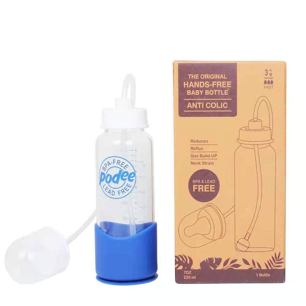 Hands-Free Baby Bottle - Anti-Colic Self Feeding Baby Bottle System 7 oz Glass Bottle (1 Pack - Blue)