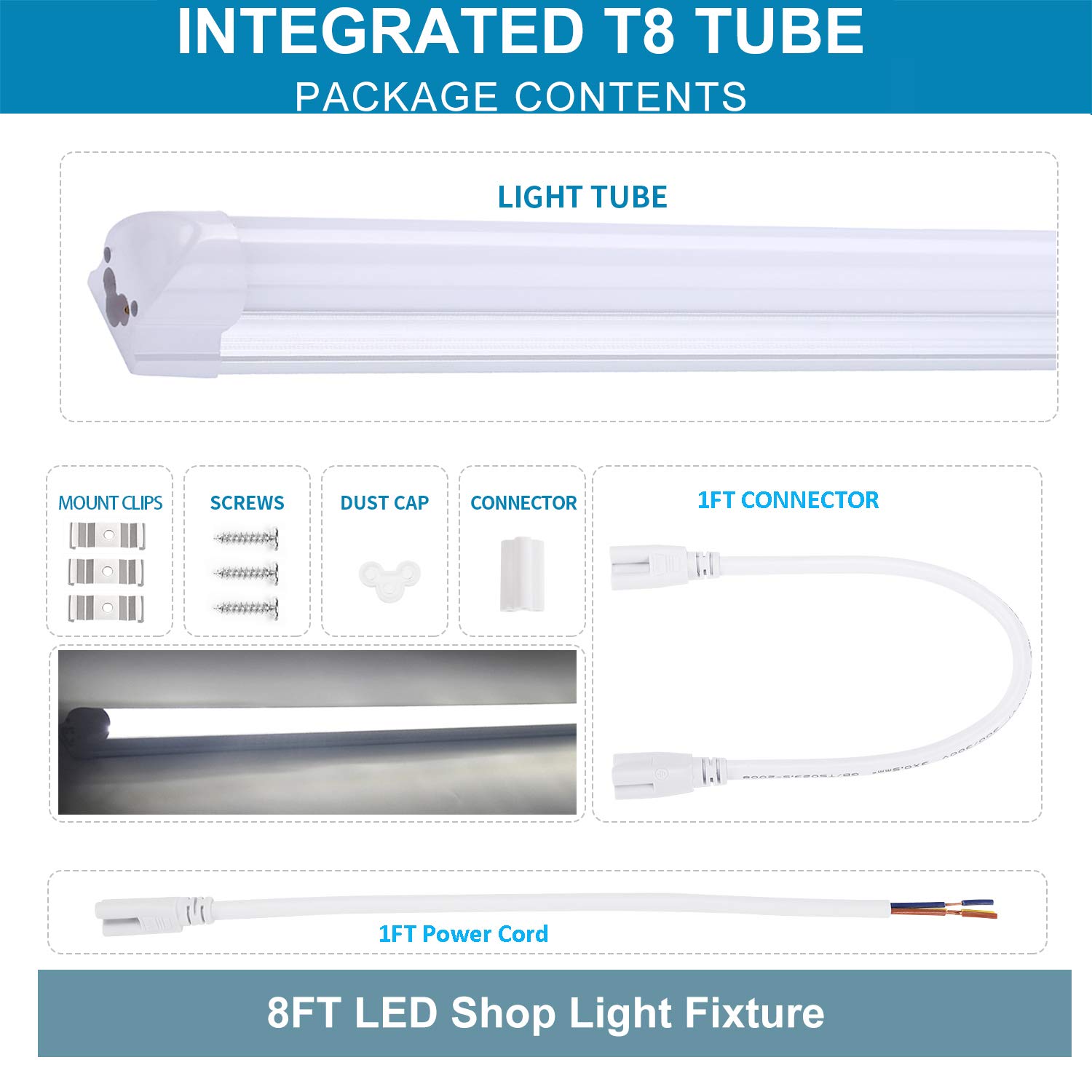 8FT LED Shop Light Fixture, 72W 6000K Cool White, T8 Integrated Strip Factory Lights, Frosted Cover, Linkable, 8 Foot led Lights for Garage, Workshop, Warehouse(25-Pack)