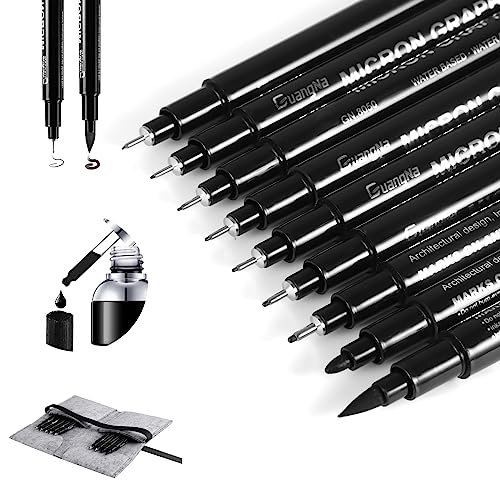 9 PCS Micron Pens, Calligraphy Pen Set with Felt Pen Case Black Archival Ink Refillable Fine Point Drawing Pens for Writing, Watercolor, Sketching, Anime, Manga, Art Supplie Assorted Point Sizes