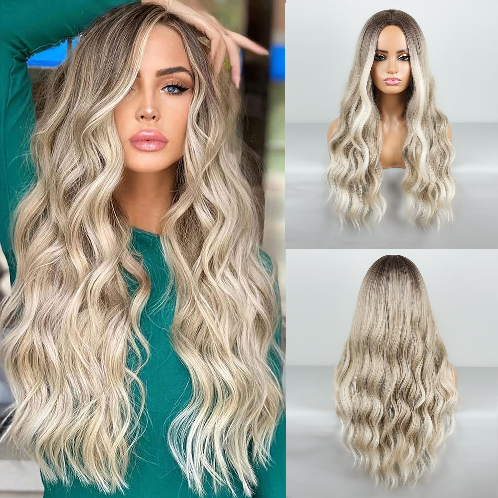 HANYUDIE Ombre Blonde Wig Long Wavy Wig For Women Middle Part Wavy Wigs Synthetic Heat Resistant Party Wigs (Ombre Ash Blonde)