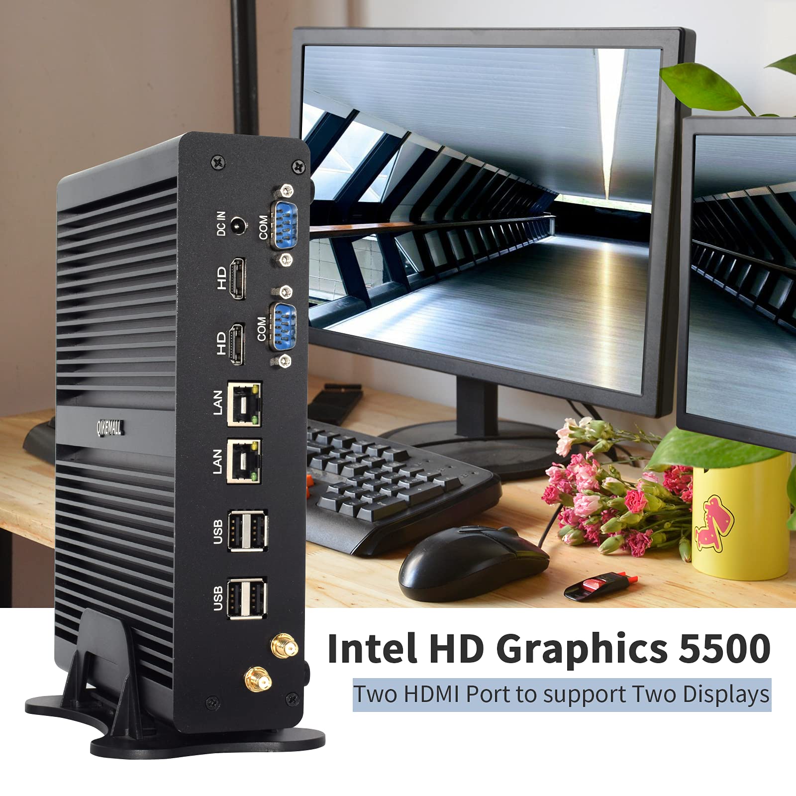 qikemall Mini PC Fanless Industrial PC Desktop Computer Windows 10,Core I3-5005U,Mini Computer 8GB RAM 512SSD,USB3.0 Dual LAN HDMI WiFi BT4.0