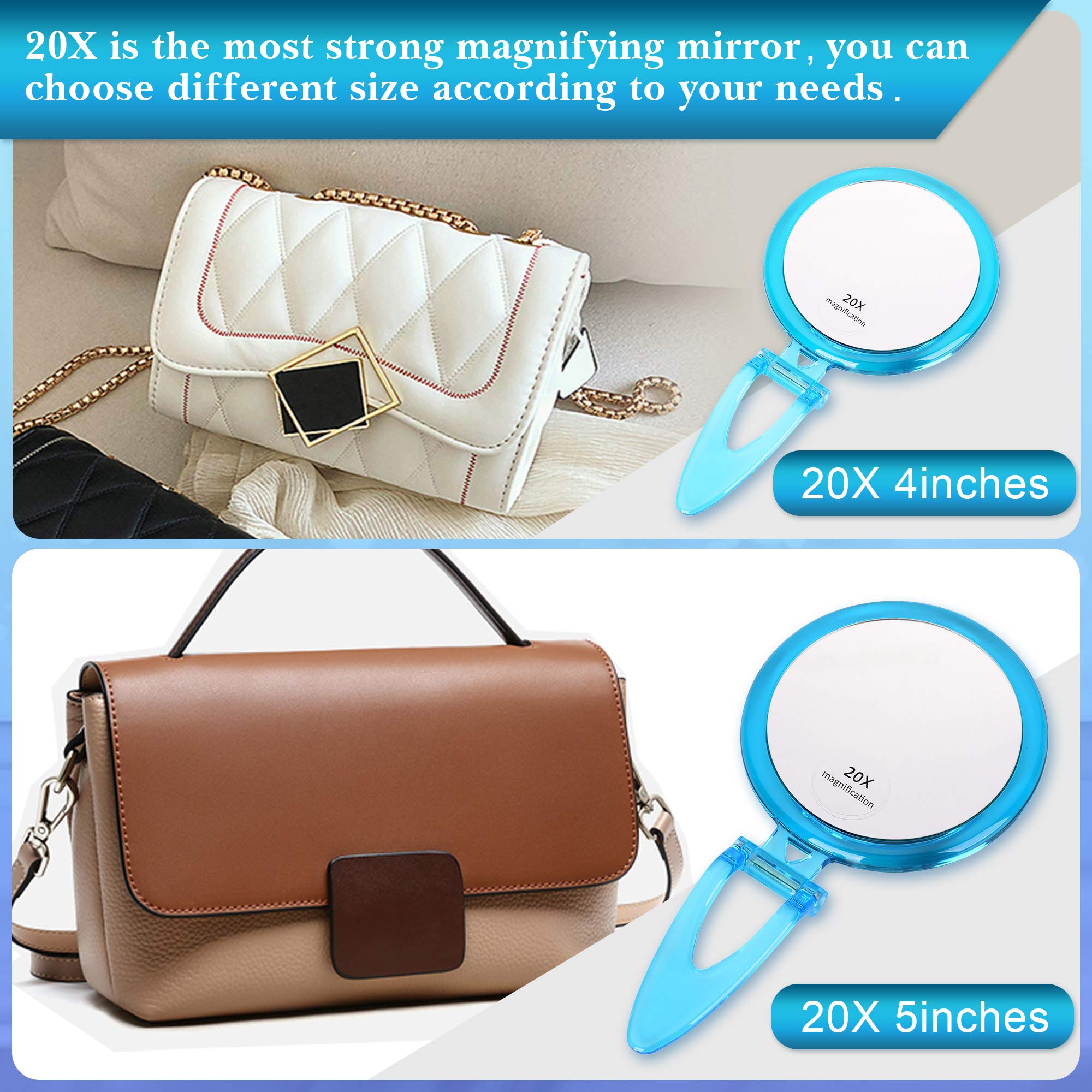 5 Inch 20X Magnifying Mirror with Blackhead Tweezer Kit, Handheld Mirror with Handle, Portable Magnified Mirror with Eyebrow Plucking Tweezers, Foldable, Double sided, Black