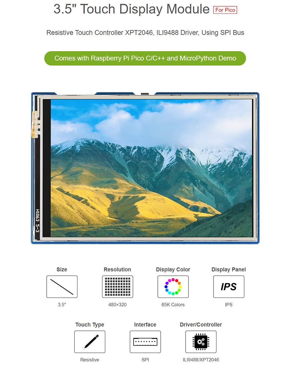 3.5inch Touch Display Module for Raspberry Pi Pico Series Board, Resistive Touch Controller XPT2046, ILI9488 Driver, Using SPI Bus, 65K Colors, 480×320 Pixels