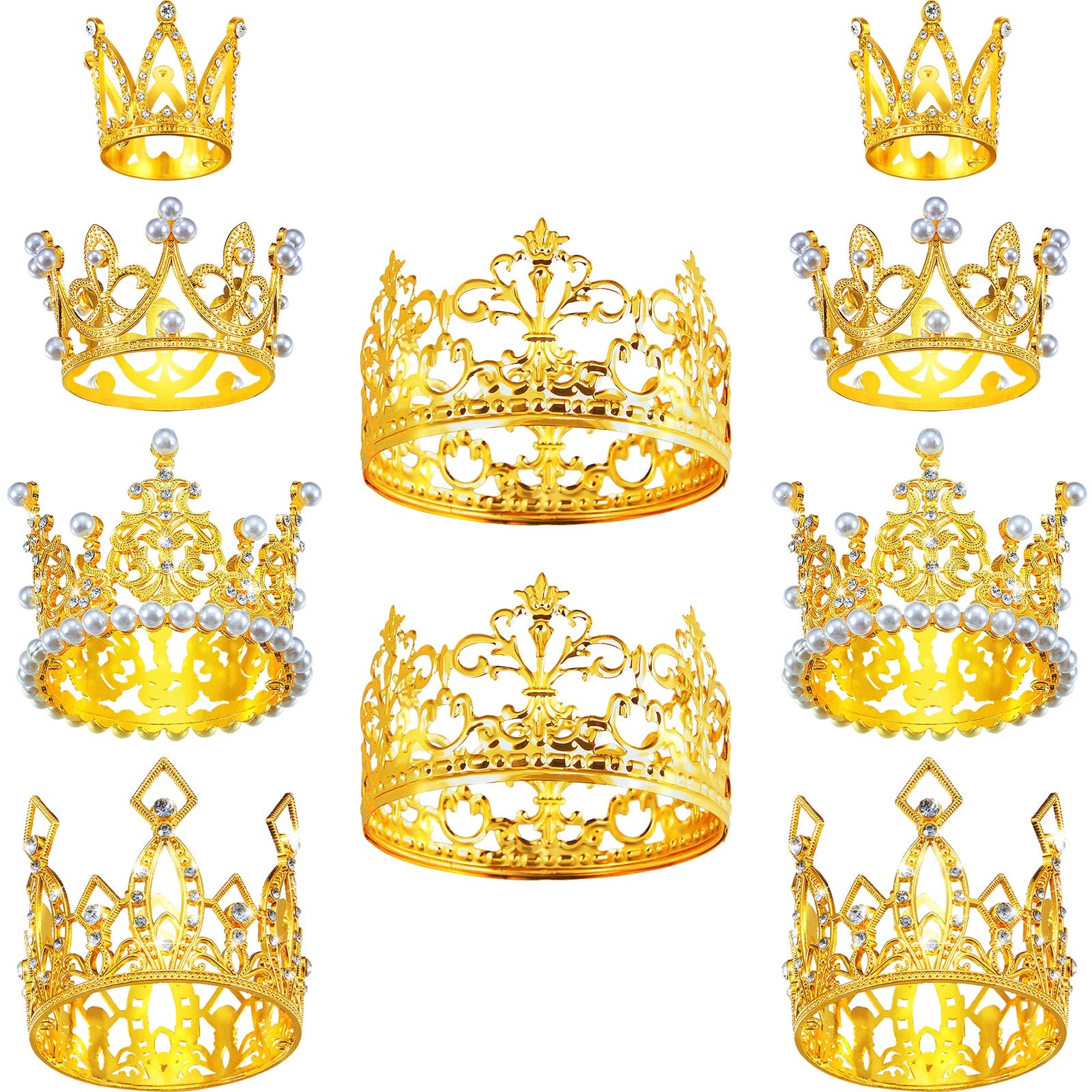 10 Pieces Crown Cake Topper Birthday Mini Crown Pearl Crystal Tiara Vintage Small Crowns Metal Crown Decorations for Wedding Birthday Baby Shower Party, 5 Styles(Gold)