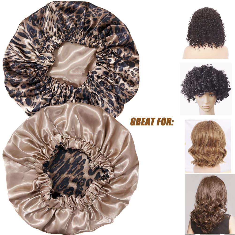 2 Pcs Silk Bonnet for Sleeping Satin Bonnet Double Layer Hair Bonnet for Curly Hair Comforable Hair Wrap Reversible Sleep Cap (Black+Leopard)