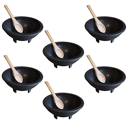 6 Pack of Salsa Chip and Dip Snack Bowls Combo- With Wooden Spoons - Salsa Bowls, Black Plastic Mexican Molcajete Chips Guacamole, Serving Dish, Sauce Cup, Side dish, Snack Great to use at any Event