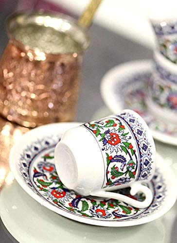 Amazing Turkish Arabic Coffee Espresso Cups 5 Pcs Fancy Set Famous Turkish Porcelain Cups with Saucers, Pot,Blue Velvet Authentic Box (Turkish Coffee Cup and Saucer (2 Sets) 4 Pieces)