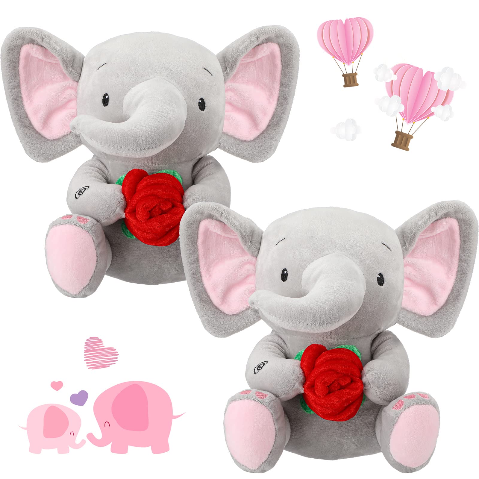 2 Pcs Elephant Stuffed Animal with Rose Soft Plush Elephant Animal Toy for Valentines Day Gifts Women Men Girl Boy Baby Shower Birthday Party Favors, 8 Inches